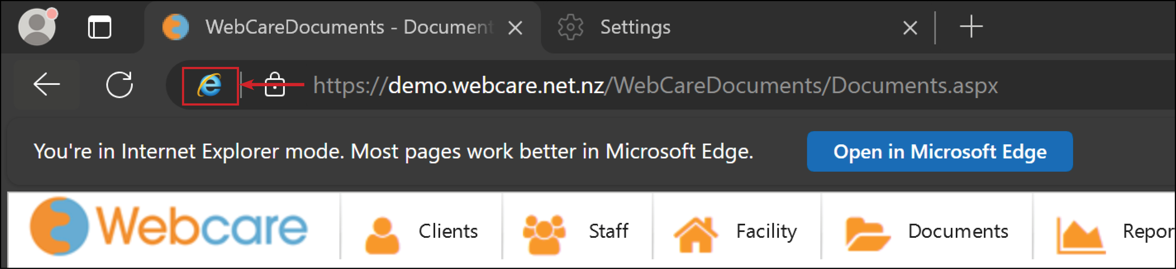 Open Edge in Internet Explorer Mode – Webcare Help Centre