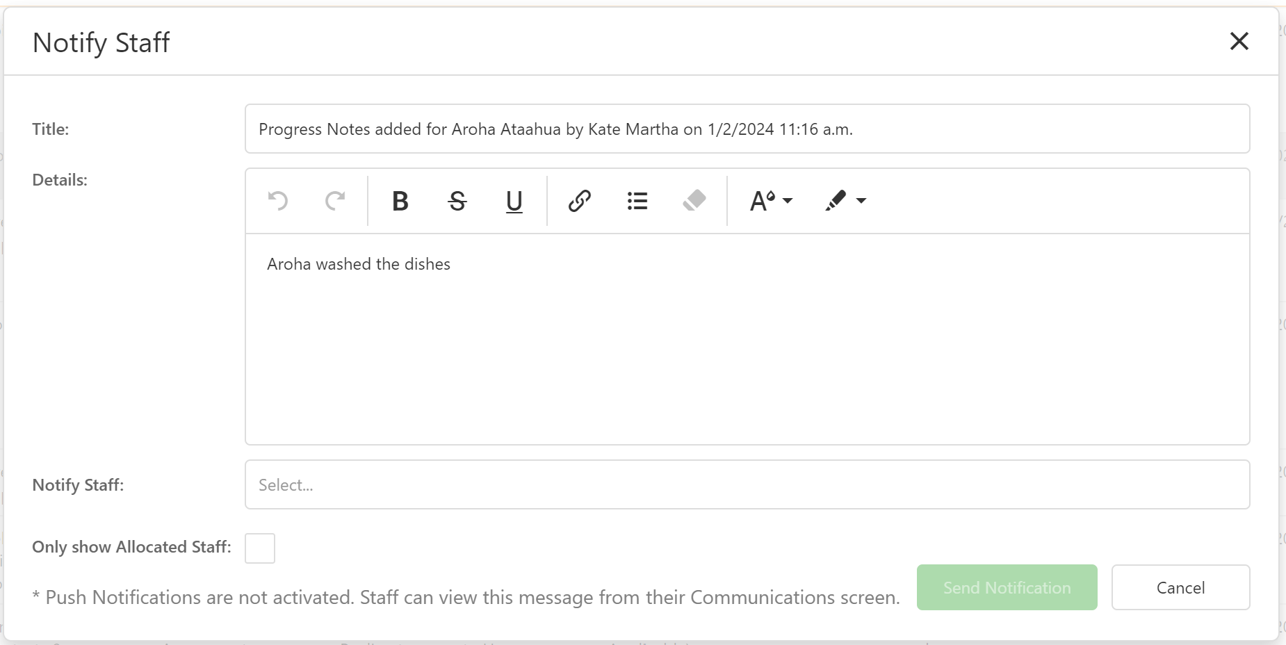 Notify Staff – Webcare Help Centre