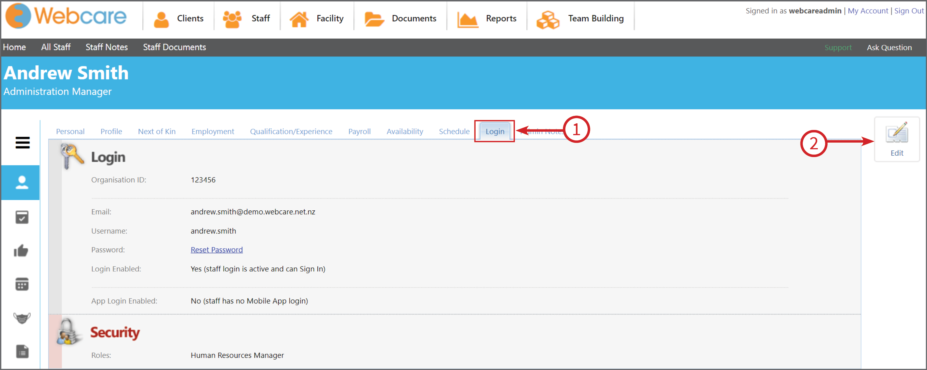Manage Staff Logins – Webcare Help Centre